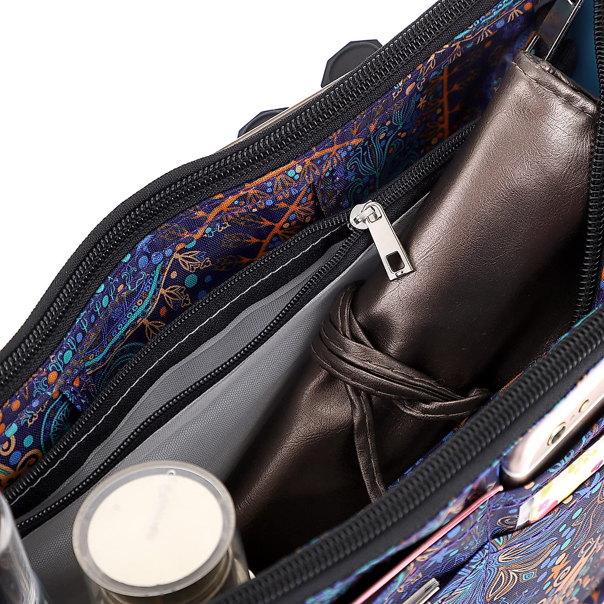 BTSKY Printing Handbag Organizers Inside Purse Insert - High Capacity 13 Pockets Bag Tote Organizer with Handle(Blue Lotus)