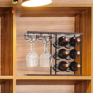 YBING Wine Rack Countertop Wine Holder Stand for 6 Wine Bottles and 4 Glasses Tabletop Small Wine Holder Wooden Wine Bottle Organizer for Kitchen, Bar, Wine Cellar, Cabinet (Brown)