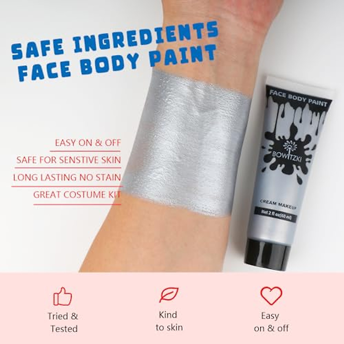 Bowitzki Face and Body Paint 2oz Cream Makeup 60ml Water Based Face Painting Special Effects For Adults Children Kids Halloween Christmas Party Stage Cosplay (Silver)