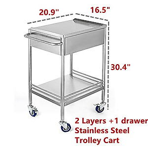 2-Layer Medical Trolley Stainless Steel Healthcare Trolley Mobile Care Car Clinic Carts Medical Laboratory Equipment Carts Spa Beauty Salon Tool Car (1 Drawer)