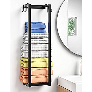 YEMUNY Towel Rack Wall Mounted, Bathroom Towel Holder with Mesh Shelf and 4 Hooks, Metal Towel Storage Organizer Wall can Holds up to 7 Large Size (54 x27 Inch) Rolled Towels, Black