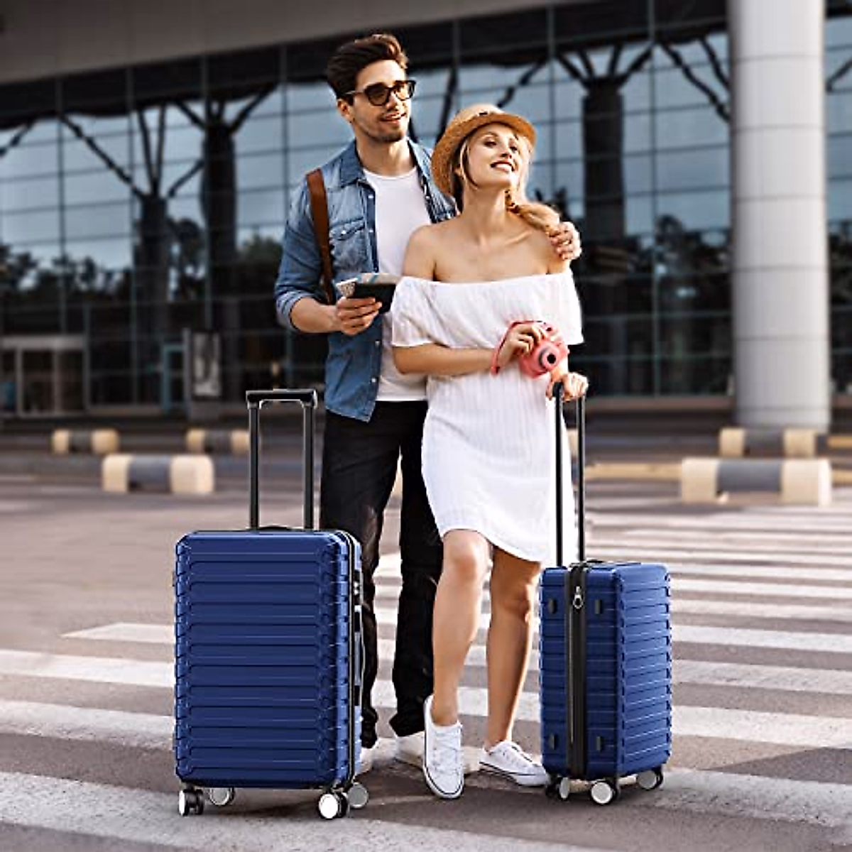 SHOWKOO Luggage Sets Expandable ABS Hardshell 3pcs Clearance Luggage Hardside Lightweight Durable Suitcase sets Spinner Wheels Suitcase with TSA Lock (Deep Blue)