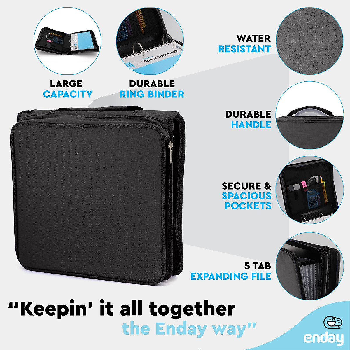 3 Ring Zipper Binder, 2 Inch Binder with Zipper, 880 Sheet Capacity 5 Pockets Expanding File Folder, Zip Binder with Durable Handle, Multiple Pockets School Binder Organizer, Black - by Enday