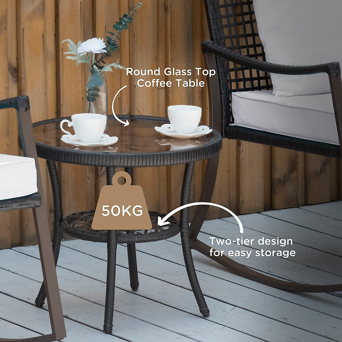 Outsunny 3 Piece Patio Rocking Bistro Set, Outdoor PE Rattan Wicker Rocking Chairs with Cushioned, Pillows, Two-Tier Glass Storage Shelf Coffee Table, Cream White