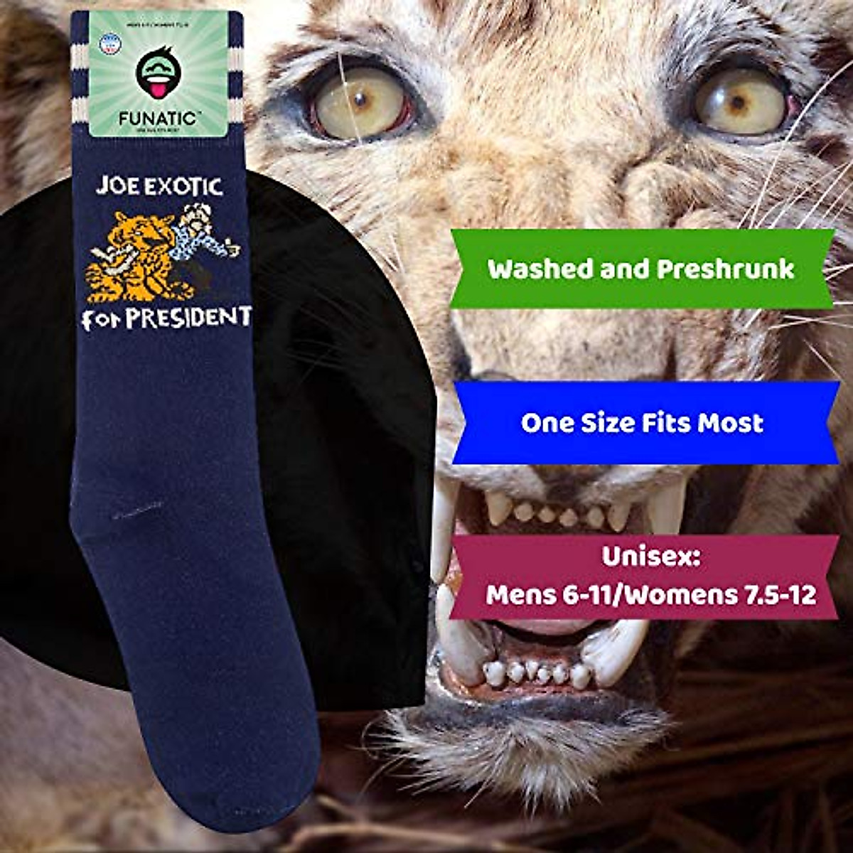 FUNATIC Joe Exotic For President Novelty Crew Socks | Best Funny, Vulgar, Profane, and Inappropriate Unisex Tiger King Gift for Men Women Adult | Perfect for Birthday, Gag Present | One Size Fits Most