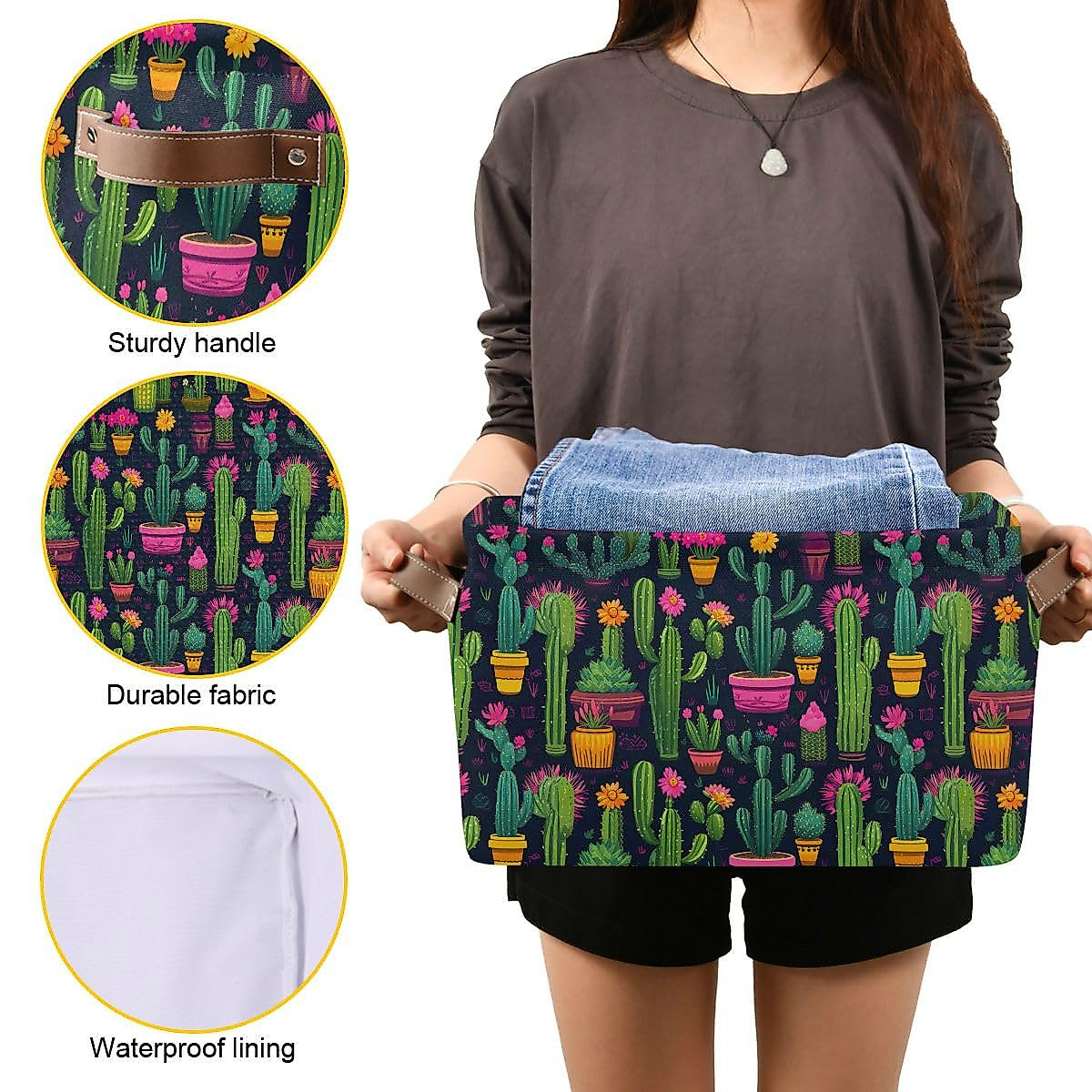 Cute Cactus Plant Green Basket with Handles, Waterproof Storage Basket Laundry Baskets Foldable Closet Organizer Bins for Home Closets, Offices, Bedroom, Laundry, 1PC