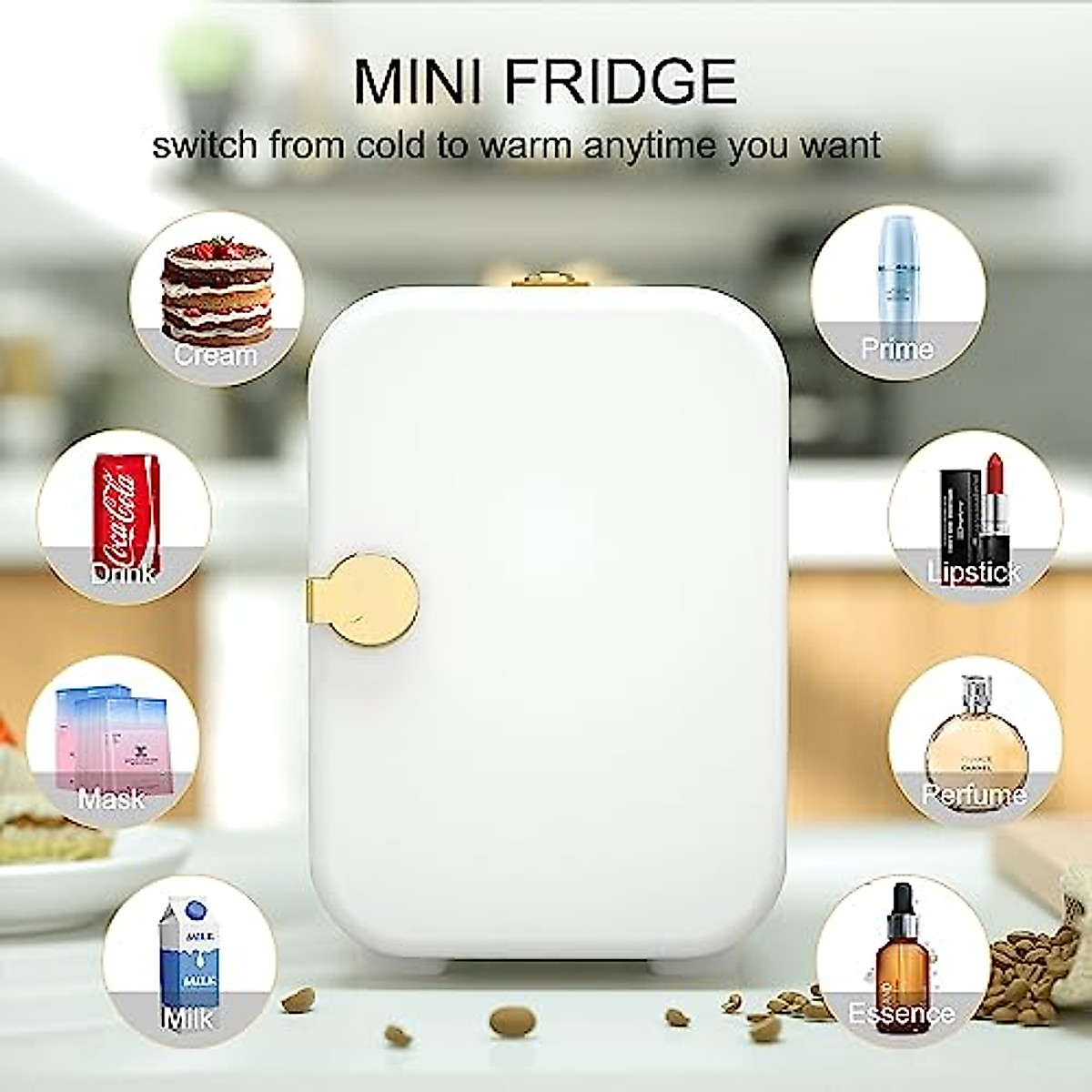 WOISSKEY Mini Fridge For Bedroom, 8 Liter AC/DC Portable Compact Refrigerators Thermoelectric Cooler and Warmer For Skincare, Beverage, Food, Cosmetics, Home, Office and Car, Beige