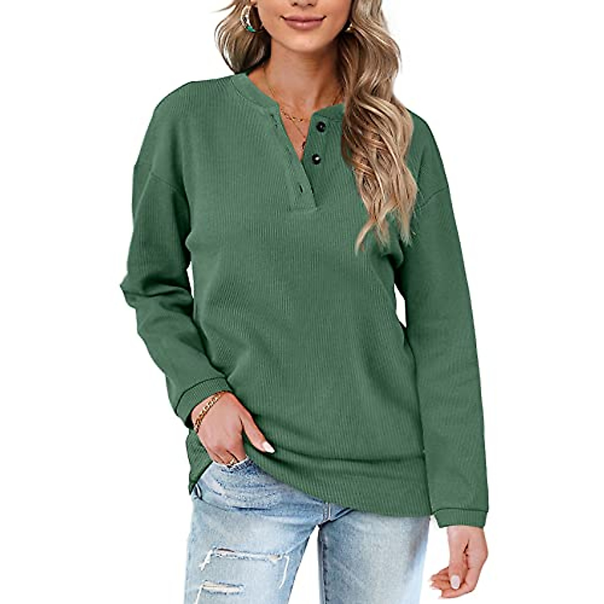 OFEEFAN Womens Sweatshirt Long Sleeve Blouses For Women Crew Neck Button Sweaters Green XL