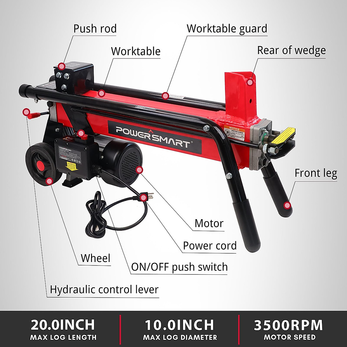 PowerSmart Electric Log Splitter 6-Ton - Efficient Wood Splitter with 3500 Motor Speed, 15 Amp, Horizontal Full Beam Design and Steel Wedge for Firewood & Kindling Cutting