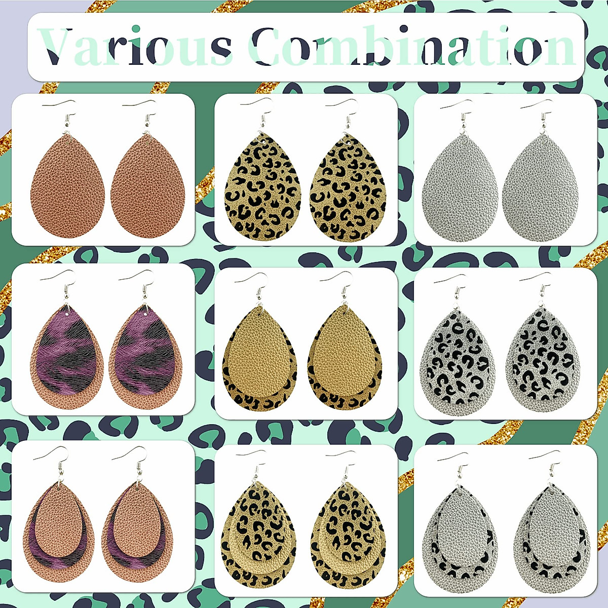 AOUXSEEM 181 Pcs Faux Leather Earrings DIY Making Kit, Contains 60 Pre Cut Metallic Vinyl and Leopard Printed Fabric Earring Pieces,60 Earring Hooks 60 Jump Rings 1 Jump Ring Opener