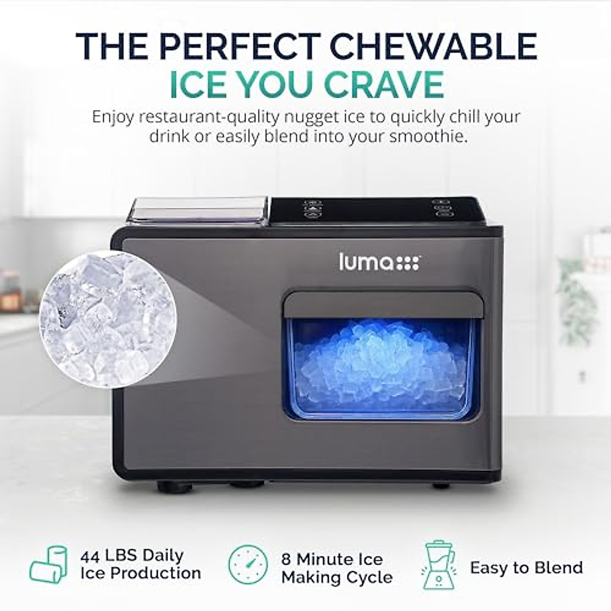 Luma Nugget Countertop Ice Maker, 44 lbs in 24 Hours, Black Stainless Steel Ice Machine, Perfect for Home Bar, Kitchen Countertop, RV, Home Office