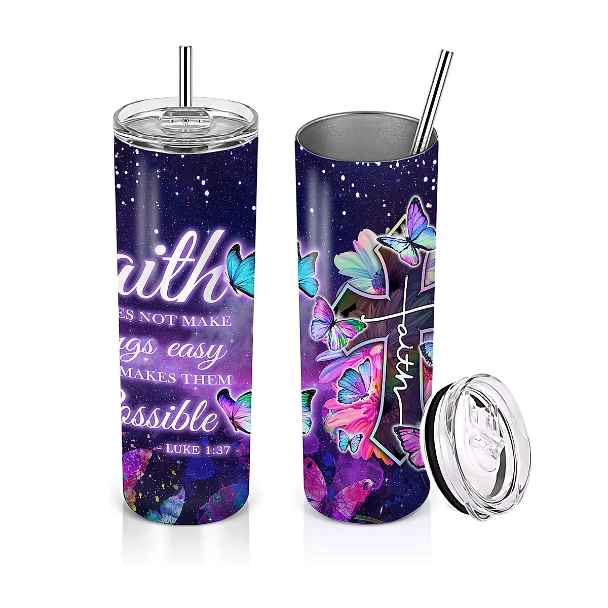 CERMELUS Butterfly Faith Cross 20oz Skinny Tumbler, Stainless Steel Double Wall Insulated Cup With Lid And Straw Multi, Bible Verse Christian Tumbler, Gifts for Women, Men, Mom, Daughter, Friends