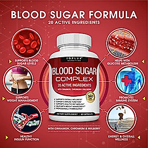 Blood Sugar Complex Supplement – Natural 20 Herbs and Vitamins with Cinnamon, Alpha Lipoic Acid to Support Health, Non-GMO, for Men Women, 60 Capsules