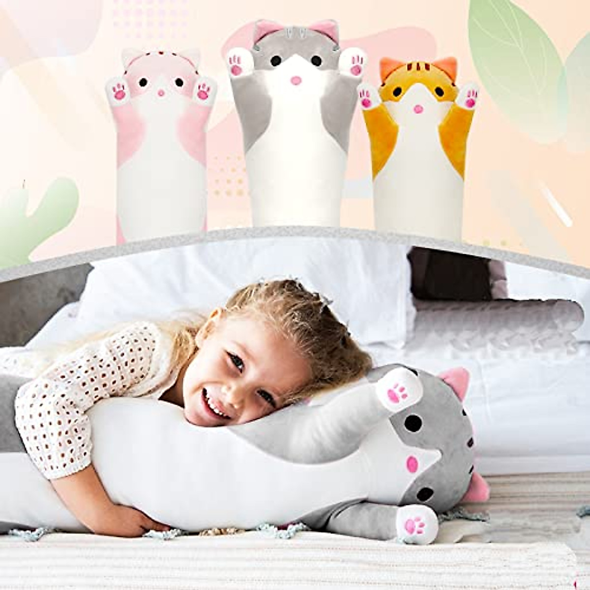 Cute SEENEEY Cat Pillow: Soft 50cm Cartoon Stuffed Animal Toy for Kids & Girls (Long Grey Cat)