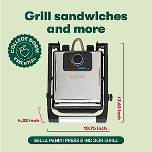 BELLA Electric Panini Press & Sandwich Grill, Polished Stainless Steel, Multifunction Space-Saving Panini Press & Contact Grill with Non-Stick Plates (13267)