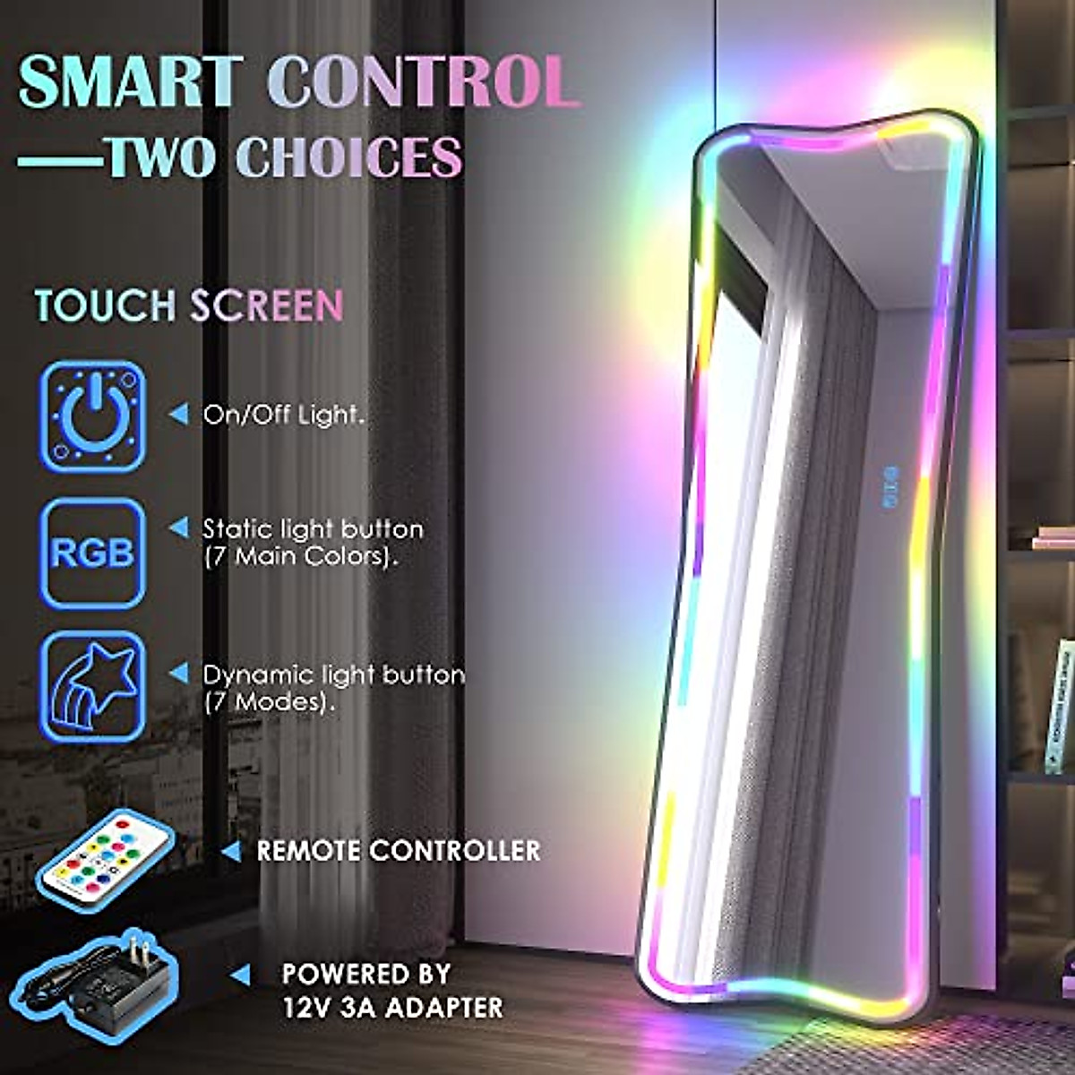 DNBSS 63"x20" RGB LED Full Length Floor Mirror With Lights, Free Standing & Wall Mount, Full Body Lighted Stand Up Mirror for Bedroom (Black RGB)