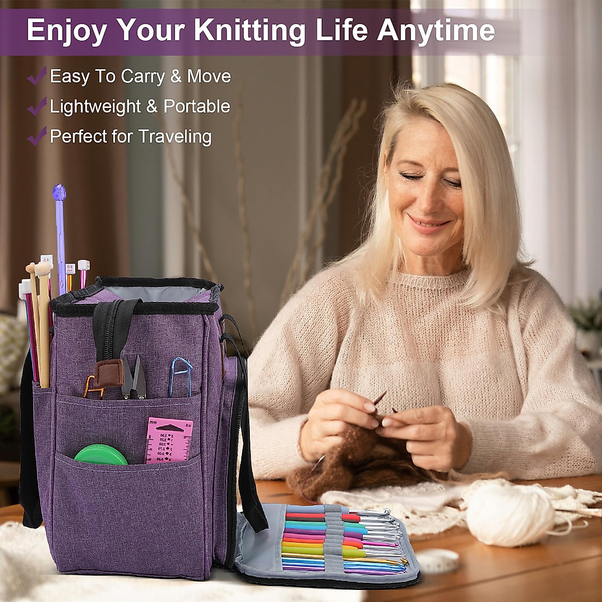 Crochet Bag Organizer, Yarn Storage Bag with Inner Divider & Zipper Knitting Bags Yarn Storage Organizer for Crochet Hooks Suppliers Knitting Needles Accessories