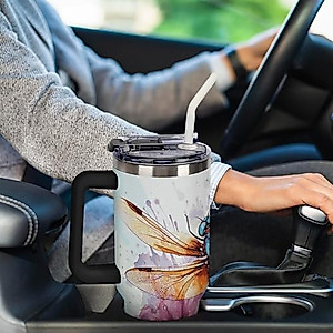 40 Oz Vacuum Tumbler with Black Handle Leakproof Insulated Tumbler Dragonfly Watercolor Painting Stainless Steel Travel Mug with Lid And Straw Coffee Cup Cute Water Bottles Cup Holder Friendly