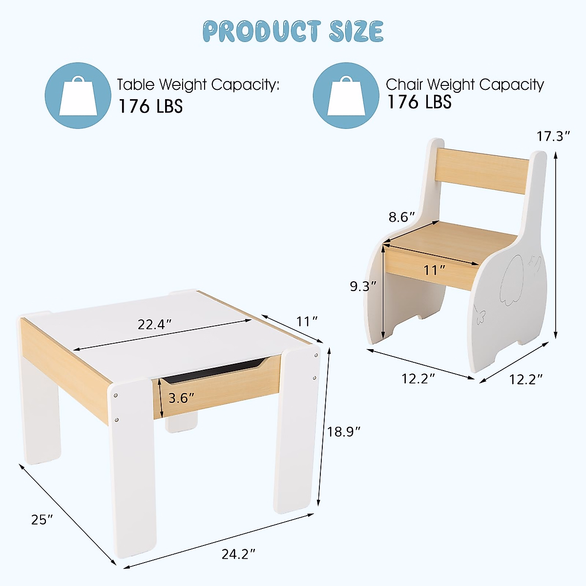 INFANS 3 in 1 Kids Table and Chair Set, Wood Multi Activity Table with Removable Tabletop Storage, Detachable Blackboard for Toddler Playing Drawing Arts Crafts,3 PCS Children Furniture