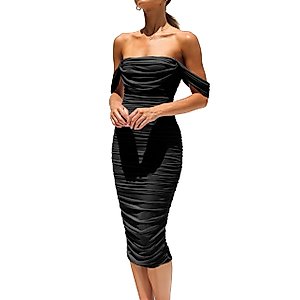 PRETTYGARDEN Women's Summer Off The Shoulder Ruched Bodycon Dresses Sleeveless Fitted Party Club Midi Dress (Black,Small)