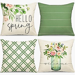 YGEOMER 18x18 Spring Pillow Covers, Set of 4 Pillow Covers, Spring Summer Farmhouse Outdoor Pillow Covers Green Garden Linen Cushion Case for Home Decor