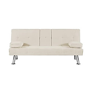 Eafurn Upholstered Futon Sofa Bed with Mattress and Frame, Convertible Loveseat Lounge Couch Daybed,Folding Love Seat w/Adjustable Backrest Sofabed, Beige Fabric w/ 2 Cupholders