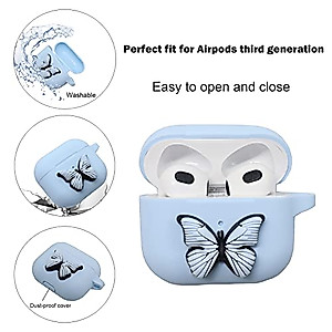 Jeriwell Compatible with AirPods 3rd Generation Case Cover Soft Silicone Waterproof 3D Butterfly with Keychain for Airpods 3 Charging Case 2021 for Women Girls (Light Blue)
