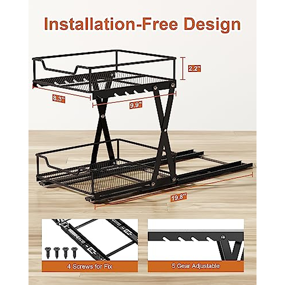 Metal Under Sink Organizer, 2 Tier Pull Out Cabinet Organizer with 5 Height Adjustable, Hold up to 80lbs, Multi-Purpose Organization and Storage For Kitchen Bathroom Pantry-Heavy Duty