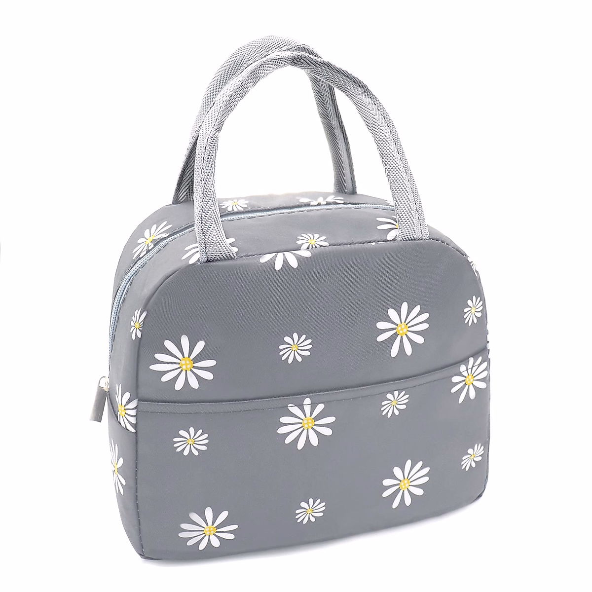 Sonuimy Insulated Lunch Bag Women Girls, Reusable Cute Tote lunch box for Adult & Kids, Leakproof Cooler Lunch Bags for Work Office Travel School Picnic (Grey with White Daisy)