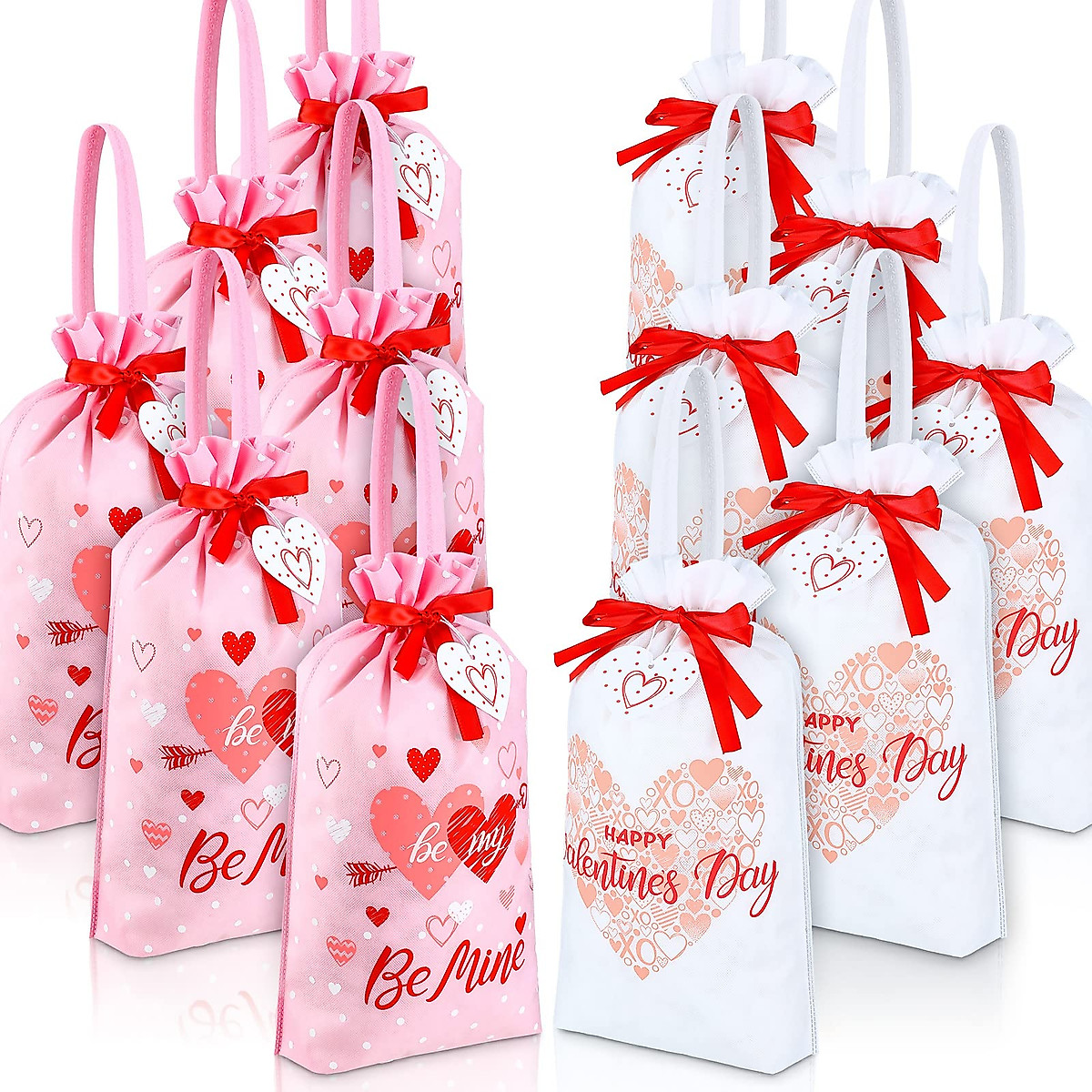 12 Pack Valentine's Day Gift Bags with Drawstring Satin Ribbon Drawstrings Valentine Bag Holly Cloth Gift Handle Bags Valentine Design Goodie Bags for Valentine Presents Party Favor
