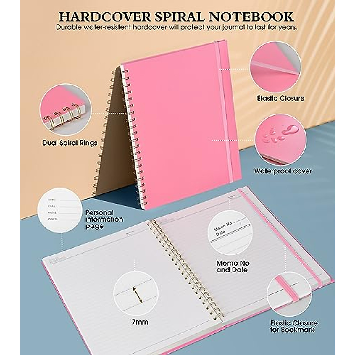 Spiral Notebook Journal 8.5” x 11”, A4 Large Pink Notebooks for Women Men, College Ruled Lined Journal, 100 GSM Paper, Plastic Hardcover Spiral Bound Journals for Work School Note Taking Business