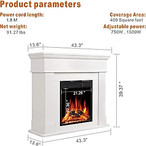 44" Electric Fireplace with Mantel Package Freestanding Fireplace Heater Corner Firebox with Log & Remote Control,750-1500W,Pearl White