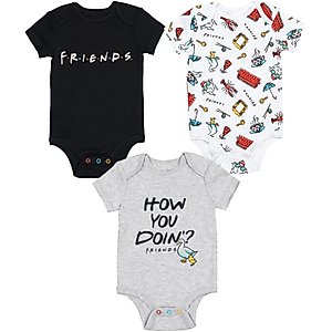 FRIENDS Baby Boys 3 Pack Short Sleeve Bodysuit Grey/Black/White 0-3 Months