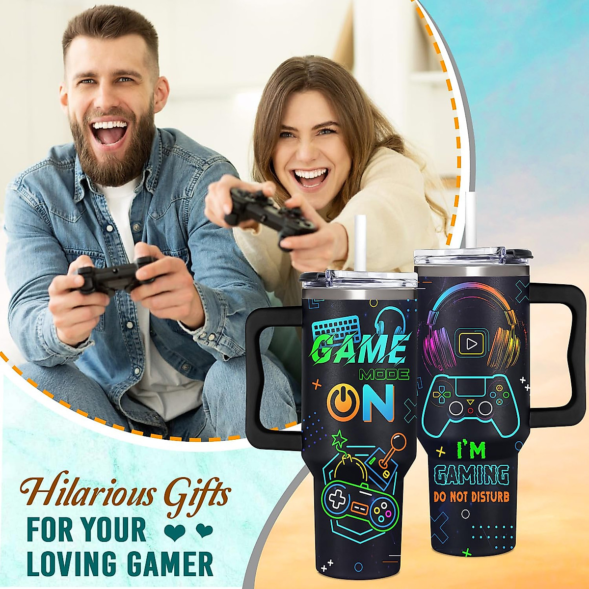 Gamer Gift for Men from Daughter, Son, Kids, Wife - 40oz Game Tumbler With Handle and straw for Father's Day, Christmas, Birthday, Valentines Day - 40 oz Stainless Steel Tumbler for Gaming Men