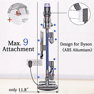 Lasvea Vacuum Stand for Dyson V15 Detect,V12,V11,V10,V8, V7-Sturdy Aluminum Tube Storage Holder, 6.2 Lbs Steel Base,3 accessory clips for Up to 9 Attachments & Charger, With Trigger Lock