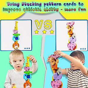 TKBABEUE Wooden Blocks Stacking Toys Age 18+ Months Old, 10 Montessori Animals Stacker Building Puzzle with 10 Pcs Level Cards 1 Bag STEM Preschool Learning Educational Games Activities Gifts Toddler