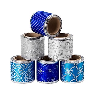 LaRibbons Wired Christmas Holiday Ribbon - 6 Rolls Swirl Sheer Glitter Ribbon - 2.5 inch x 5 Yard Each Roll - Blue/Silver