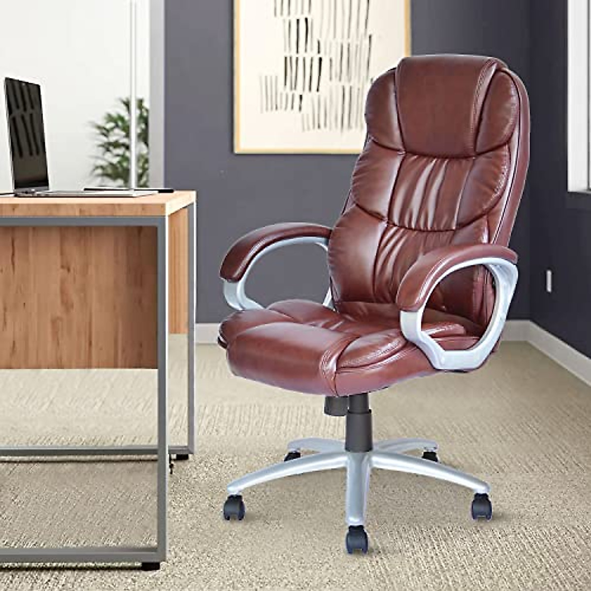 Ergonomic Office Chair Desk Chair 250 LBS Capacity High Back Adjustable Height Computer Chair w/Armrests Lumbar Support, PU Leather Rolling Swivel Task Chair Modern Executive Home Desk Chair(Brown)