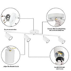 BoostArea LED 4 Light Track Lighting Kit, White 4 Way Ceiling Spot Lighting, Flexibly Rotatable Light Head for Kitchen, Living Room, Bedroom, Bulb Not Included