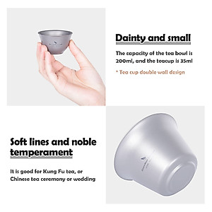 iBasingo 200ML Titanium Gaiwan Kung Fu Teacup with Lid and Saucer Set Lightweight Portable Chinese Traditional Gaiwan Tea Bowl Teacup with Cover Outdoor Camping Tea Set Ti3123D