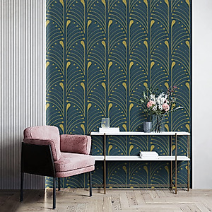 Peel and Stick Wallpaper Gold and Blue Wallpaper Stripe Contact Paper Geometric Removable Self Adhesive Wallpaper for Walls Bedroom Home Decoration Vinyl Rolls 17.3''x118.1''