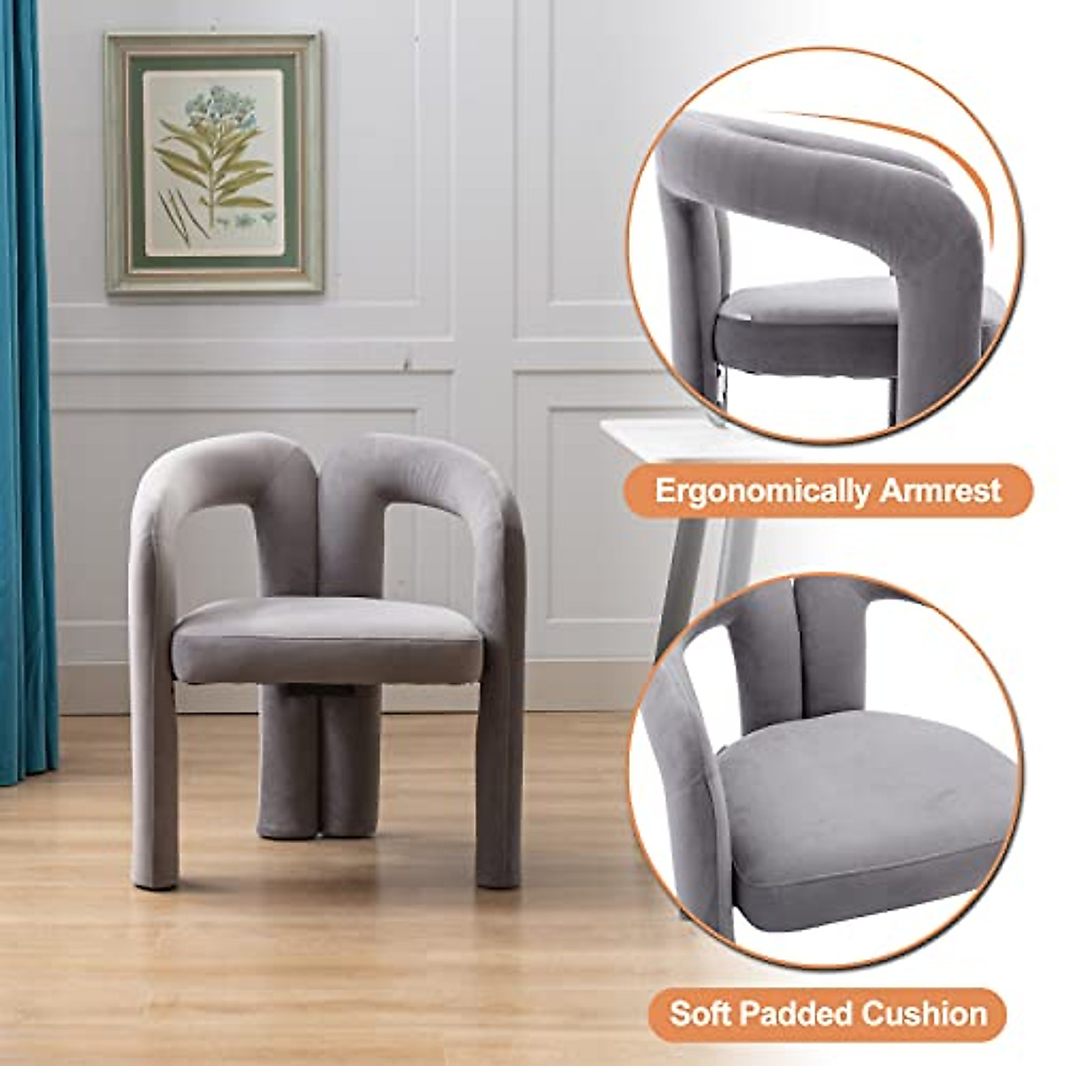 Tmosi Modern Velvet Dining Chair, Living Room Chair Upholstered Accent Chair, Curved Back Comfy Side Chair Lounge Arm Chair for Kitchen, Dining Room, Living Room, Vanity (Grey)