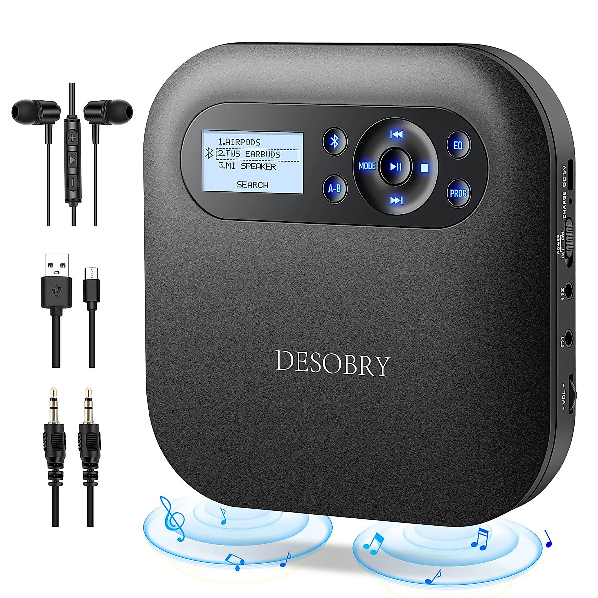 Desobry CD Player Portable, Bluetooth CD Player with Speakers, Portable CD Players for Home, Rechargeable Walkman CD Player for car with LCD Screen Anti-Skip Small CD Player with Dual Headphone Jacks