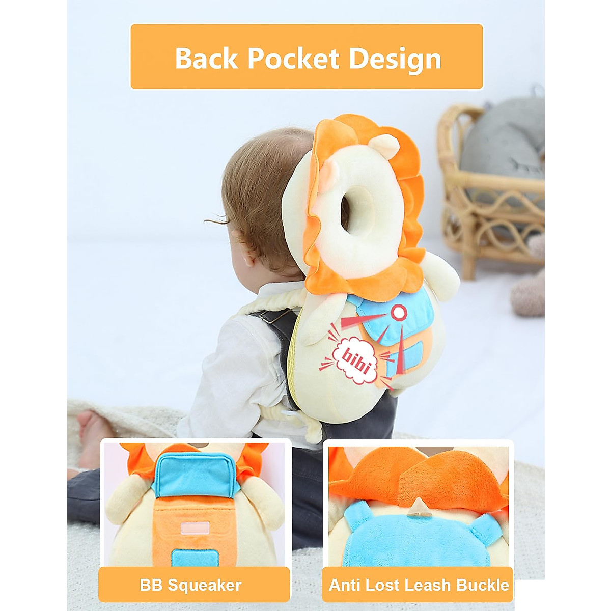 Head Safety Protector Pad for Baby Toddler Walker,Infant Talking Head Protection Backpack Cushion (Yellow Lion)