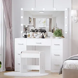 Irontar Vanity Desk with Stool, Makeup Table with Lighted Mirror, 3 Color Lighting Modes, Brightness Adjustable, Dressing Table with Drawers, Vanity Table Set for Women, White WDT004WD
