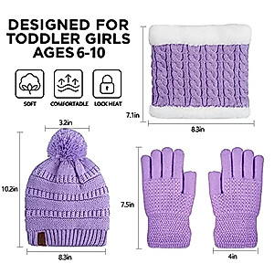 Kids Winter Beanie Hat Toddler Gloves Girls Infinity Scarf Youth Neck Warmer Warm Fleece Pom Cap Purple Thermal Knit Set 6-10 Years Old, Gorros Gorras Bufandas Para Niñas Niños, Gifts for Childrens