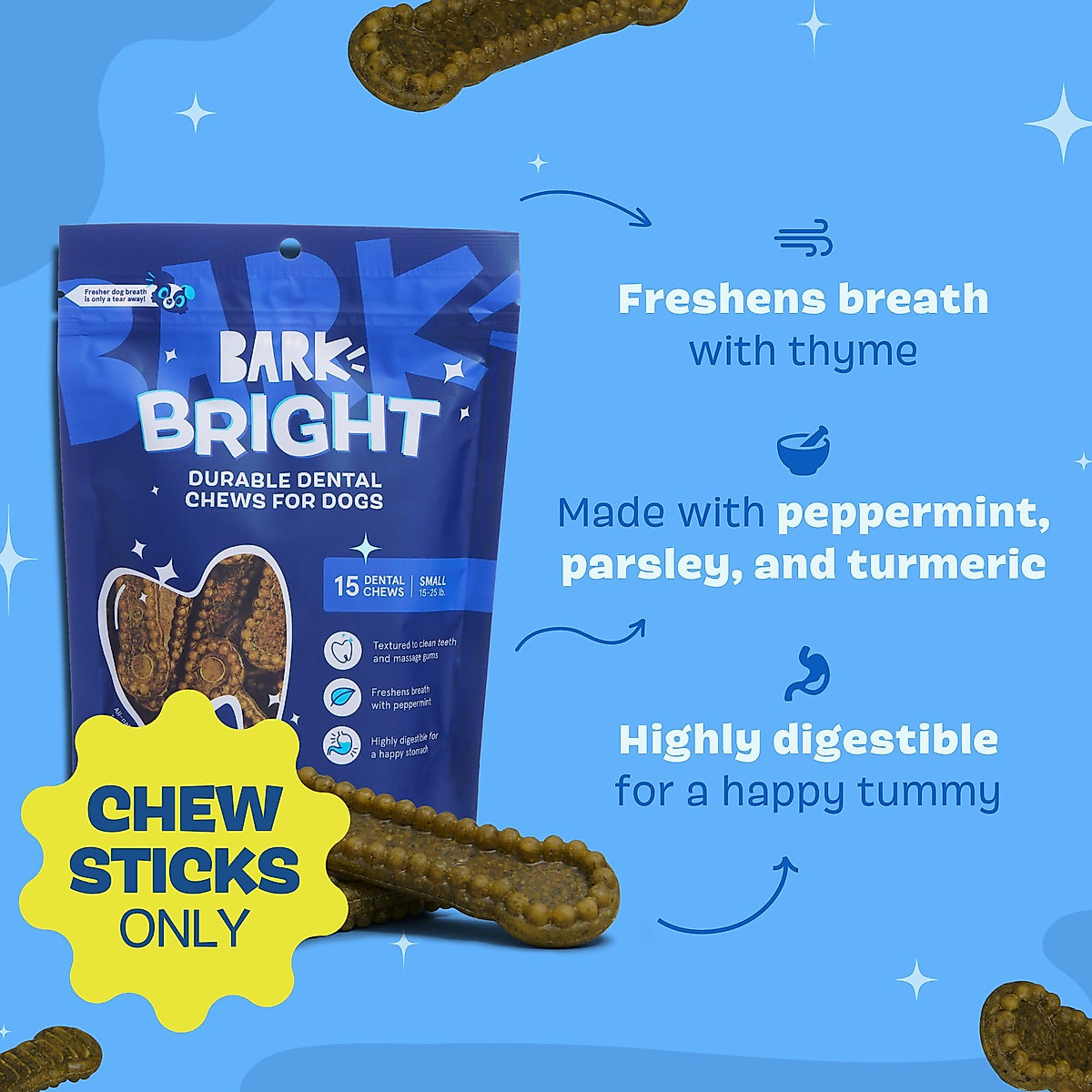Bark Bright Durable Dental Chew Sticks for Dogs (15 Chews) Made for Tough Chewers - Small Breeds