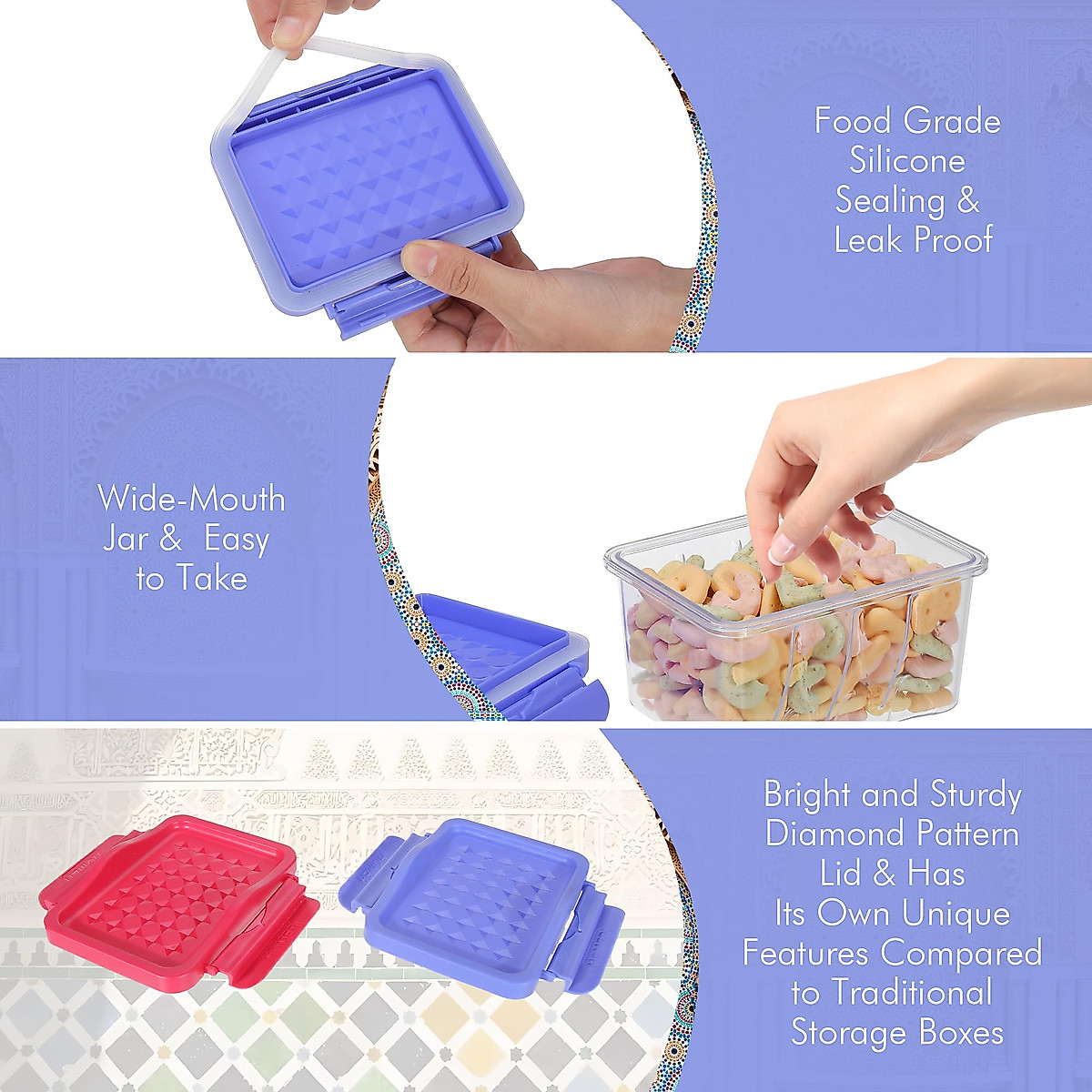 HOMER 8-Piece Moroccan Style Airtight Food Storage Containers - Versatile Kitchen Organizers with Easy Lock Sealing Lids - Includes Tall, Medium, Small & Mini Sizes - BPA-Free - Bonus Labels & Marker