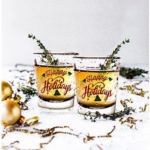 Bisyata christmas Shot Glass Gift Set -Happy Holidays- Glasses Drinkware or Votive Candle Holder for Thanksgiving or christmas Table Decoration - 2oz Set of 6 - With Gift Box