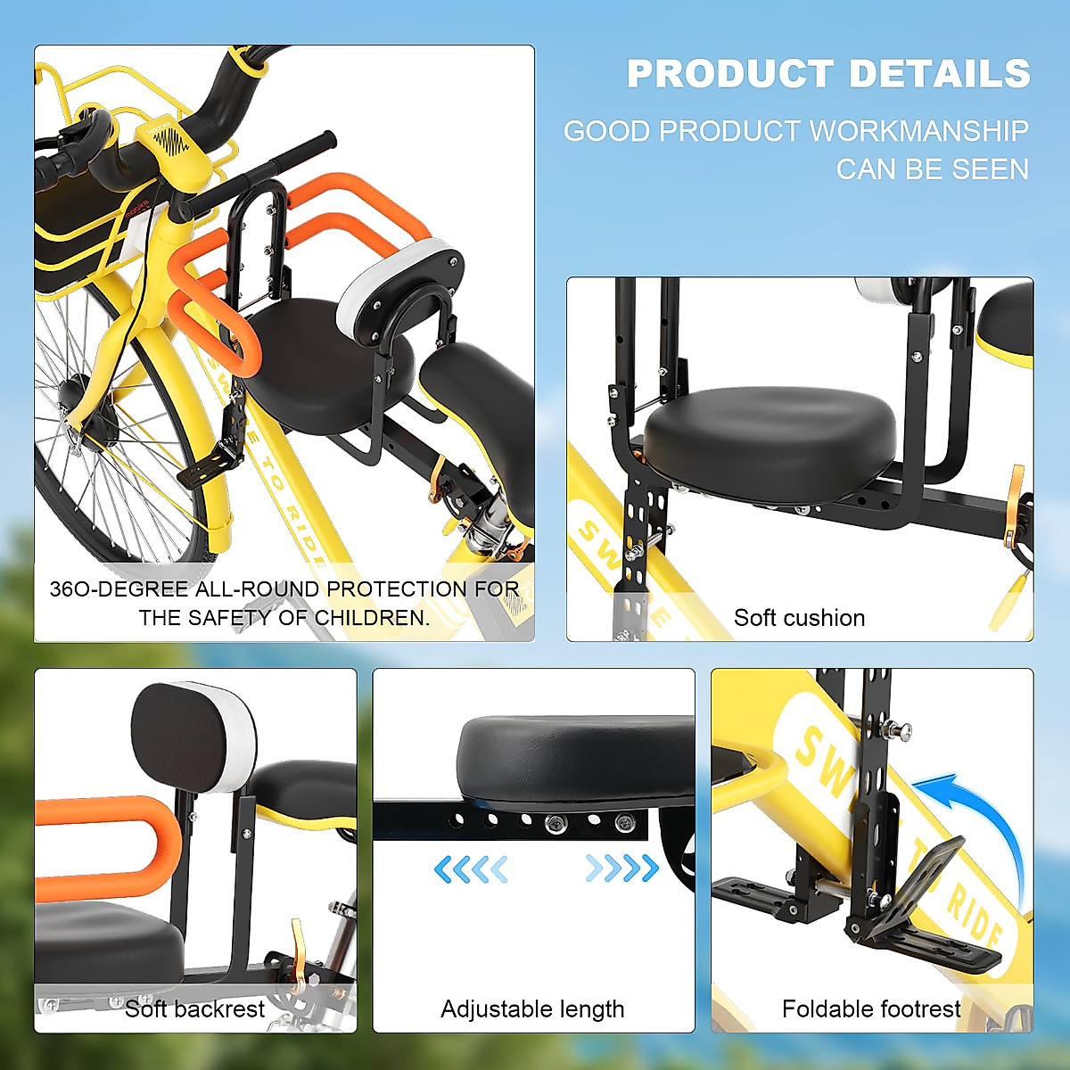 OUSEXI Child Bike Seat - Front Mount, Kids Bike Seat for Adult Bike,Retractable Baby Bike Seat Front Mounted, Toddler Bike Seat for Children 2~6 Years (with Crossbar-C)